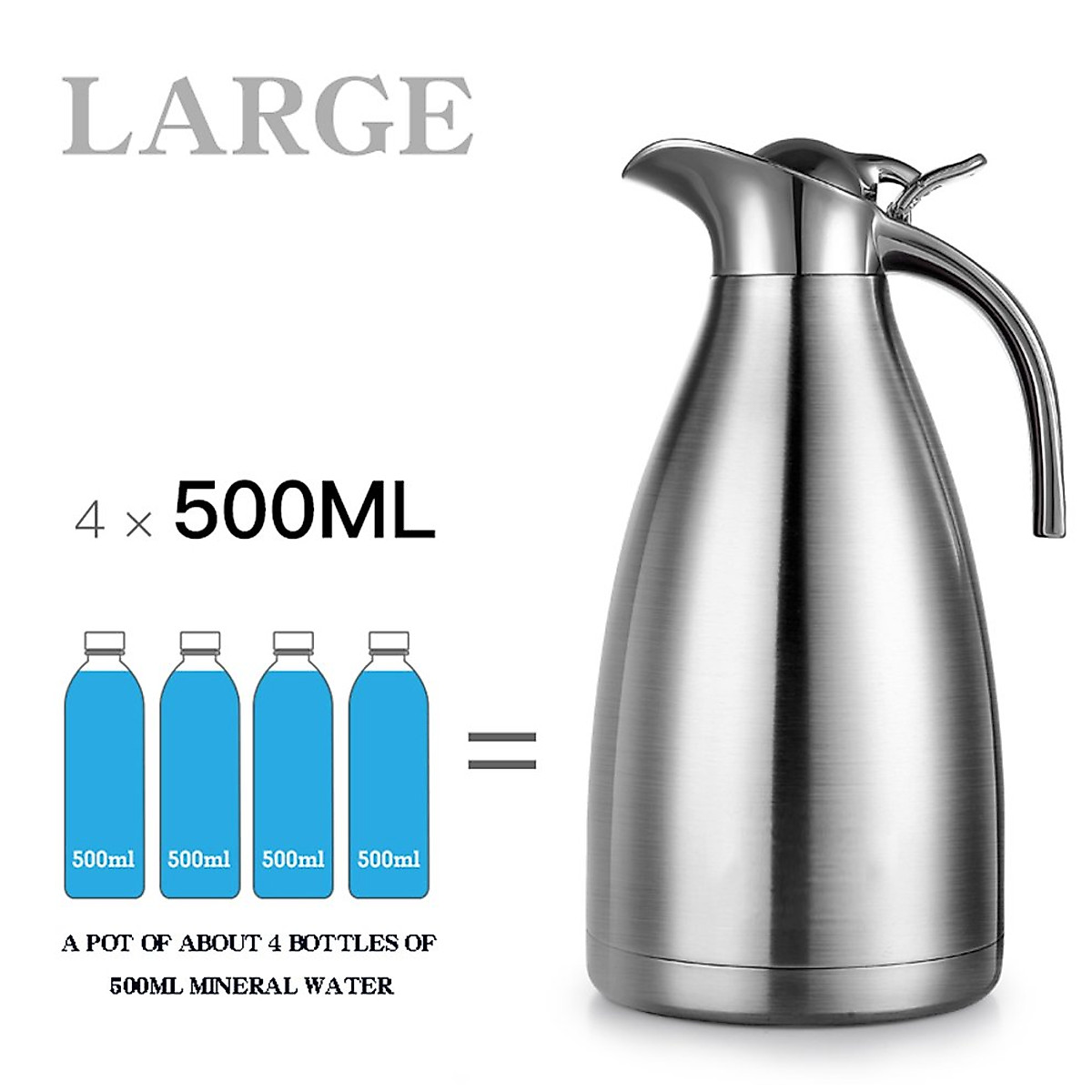 Sumerflos 68 Oz Stainless Steel Coffee Thermal Carafe/Double Walled Vacuum Thermos Insulated / 12 Hour Heat Retention / 2 Liters (Silver)