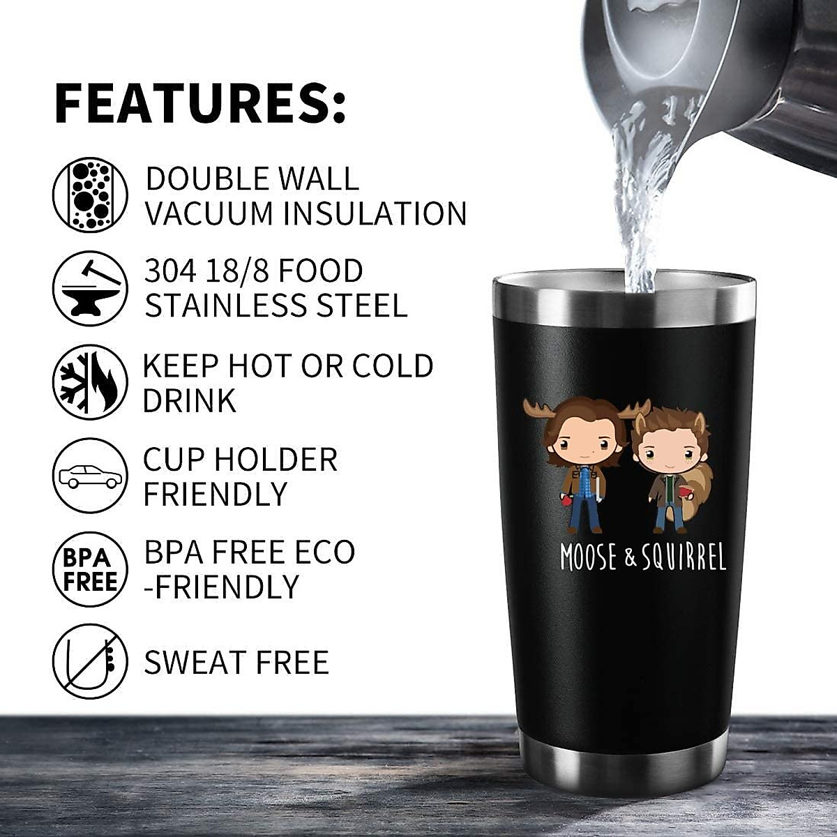 ATHAND Supernatural Merchandise Gifts Sam & Dean Moose & Squirrel Insulated Tumbler Cups Coffee Wine Mug With Lid Straw 20 OZ - Gifts Ideas for TV Show Fan,Friends, Family and Your Soul Mates (Black)
