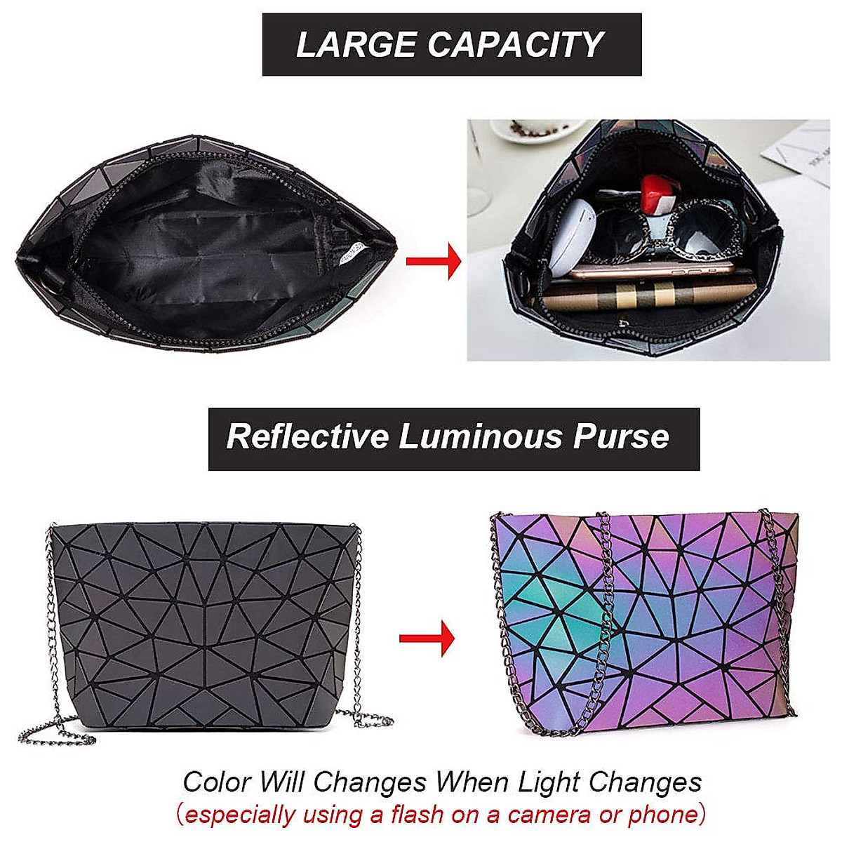 DIOMO Geometric Luminous Purses and Handbags for Women Holographic Reflactive Crossbody Bag (Green X)