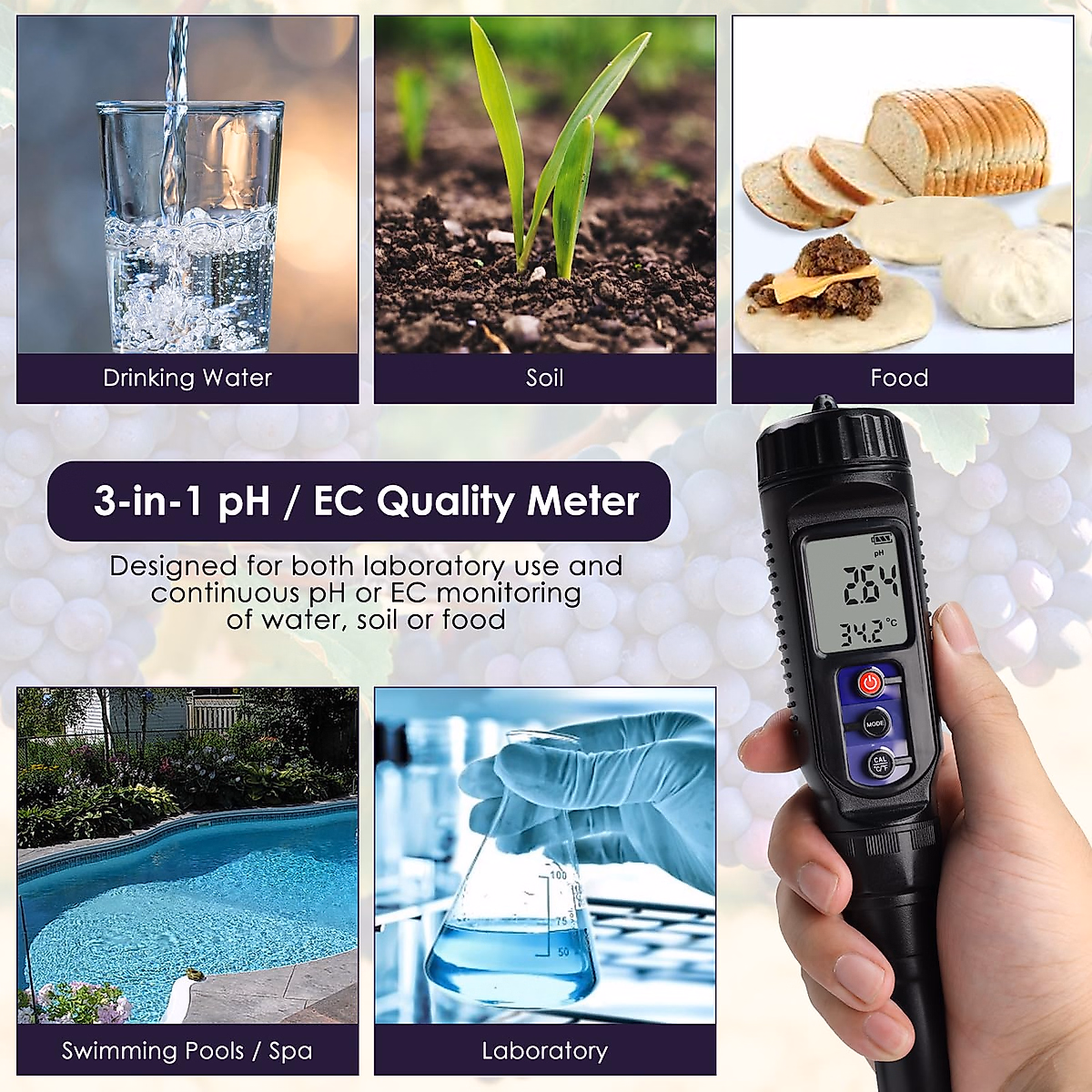 3-in-1 Digital pH | EC | Temperature Tester, Food pH Meter with Corded Sensor IP65 Probe, High Precision pH EC Tester with ATC for Water, Food, Meat, Fermentation, Solid Samples and Soft Soil