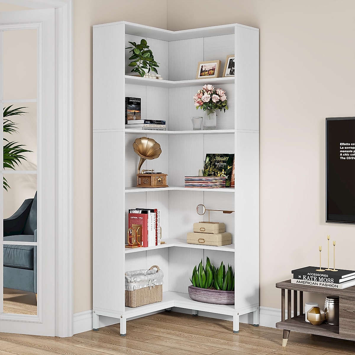 LITTLE TREE 70.8-in Tall Bookcase, 6-Tier White L-Shaped Bookshelf, Modern Corner Bookcase Bookshelf, Freestanding Display Storage Rack with Back Panel for Living Room, Bedroom