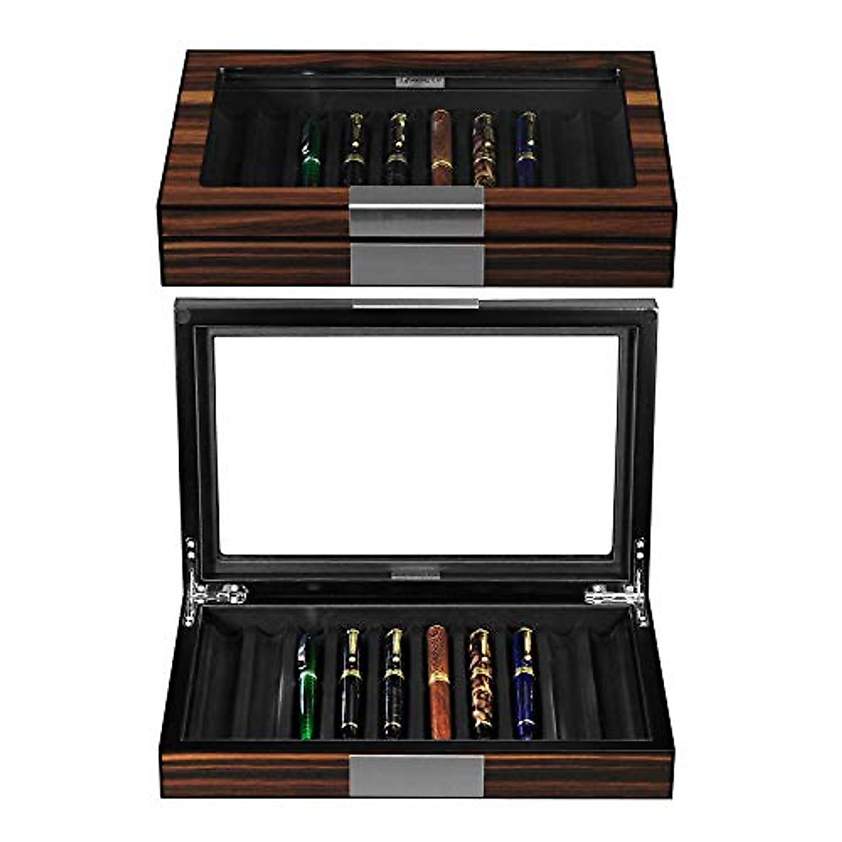 Lifomenz Co Wood Pen Display Box 10 Pen Organizer Box,Glass Pen Display Case Storage Box with Lid,Top Glass Window Pen Collection Display Case