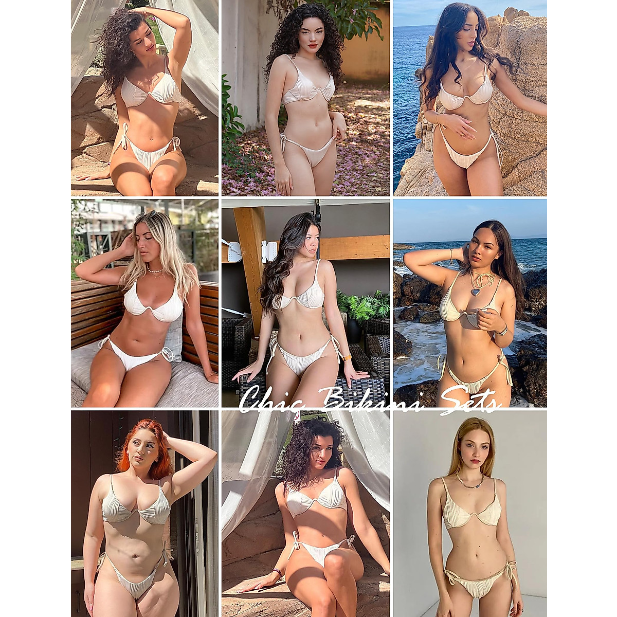 ZAFUL Women's Sexy Bikini Sets Two Piece Bathing Suit Tie Side Thong Adjustable Spaghetti Strap Swimsuits Beige M