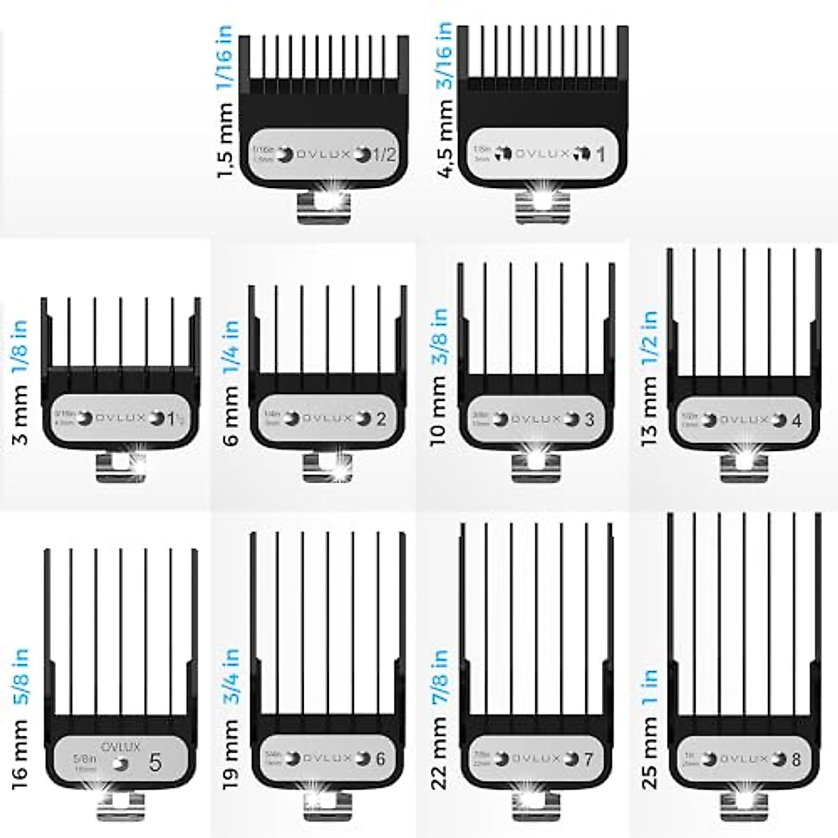 Professional set of 10 semi-metal black clipper guards, compatible with most Wahl clippers and ranging from 1/16" to 1",