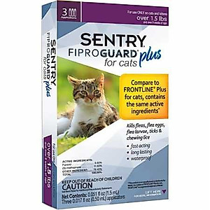 SENTRY Fiproguard Plus for Cats, Flea and Tick Prevention for Cats (1.5 Pounds and Over), Includes 3 Month Supply of Topical Flea Treatments