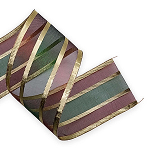 XMRIBBON Metallic Christmas Wired Ribbon Gold Red Green Striped Ribbon - 2 1/2" x 10 Meters,for Gift Wrapping, Tree Topper, Garland, Wreath