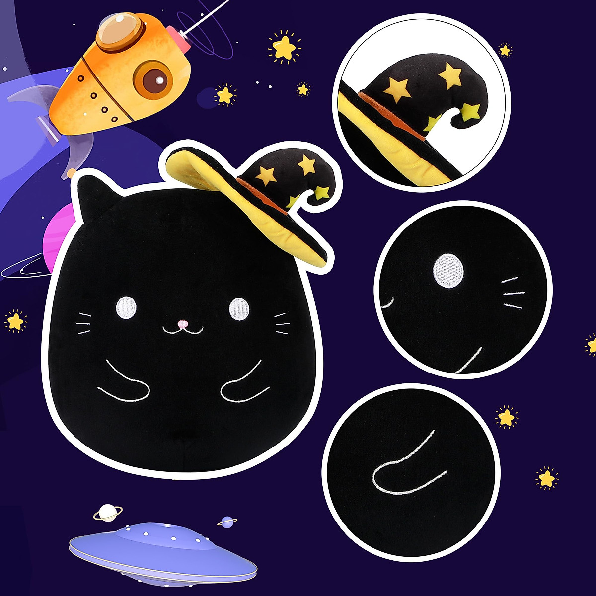 YIIQUWEN Black Cat Plush Cute Stuffed Animals Soft Pillow Halloween, Birthday Gift for Girls Boys Kids 9.0 inch