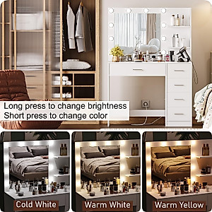 Keehusux Vanity Table with Mirror and Lights, 3 Lighting Colors, Bedroom Makeup Vanity with Charging Station, Makeup Desk with 5 Drawers and Open Storage Shelves, White KES001WSZT