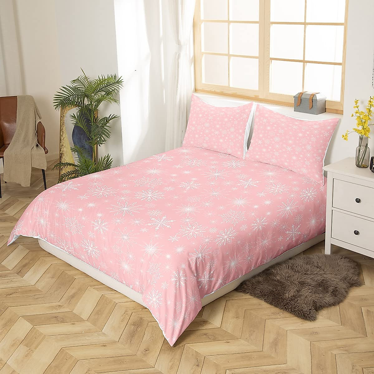 Erosebridal Pink Christmas Duvet Cover Queen Girly Romantic Snowflake Bed Sets Princess Winter Comforter Cover Girls Modern Style Bedding Set Bedroom Decor Pink Floral Bedding Set & 2 Pillowcases