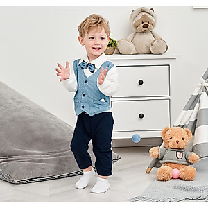 Feidoog Newborn Gentleman One Piece Long Sleeve Baby Boys Gentleman Formal Tuxedo Outfit Suit,Blue,0-3M