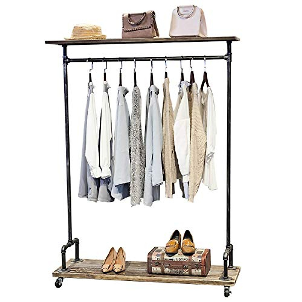 wuxiuqi Industrial Pipe Clothing Rack on Wheels,Rolling Iron Garment Racks with Shelves, Commercial Grade Clothing Racks Heavy Duty,Vintage Steampunk Clothes Rack Retail Display Wood