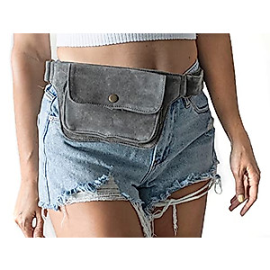 Unisex Leather Festival Belt,Suede, 2 pocket,ren fair, playa wear, travel belt, festival belt, hip bag, belt bag for sports hiking travel bicycling, party purse, Grey, Adjustable 26″ to 42″ around