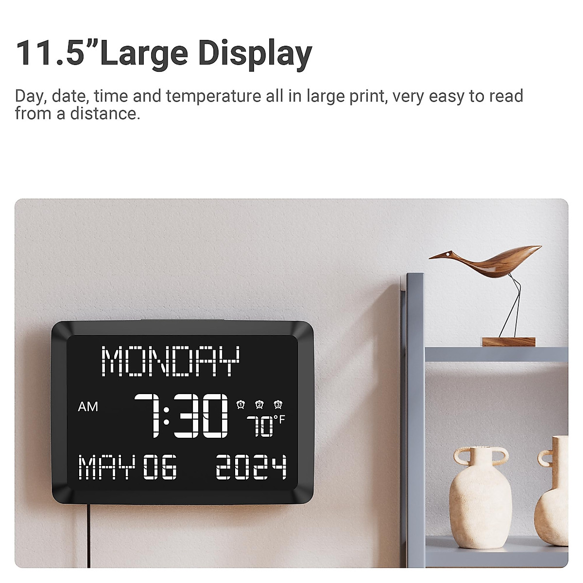11.5” Digital Wall Clock with Date,Time,Week,Indoor Temperature,3 Alarms,5 Dimmer,2 USB Chargers,Battery Backup,Snooze,12/24H for Elderly,Parents,Impaired Vision,Dementia,Memory Loss,Office,Bedroom