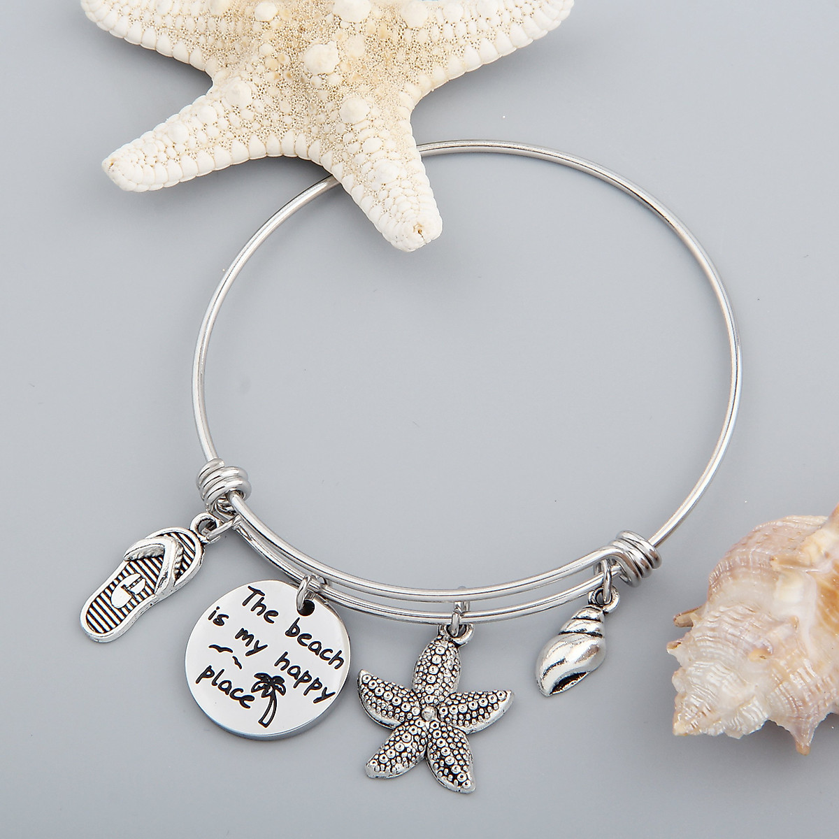 SEIRAA The Beach is My Happy Place Bracelet Expandable Stainless Steel Bangle Beach Jewelry For Beach Lover (Happy place)