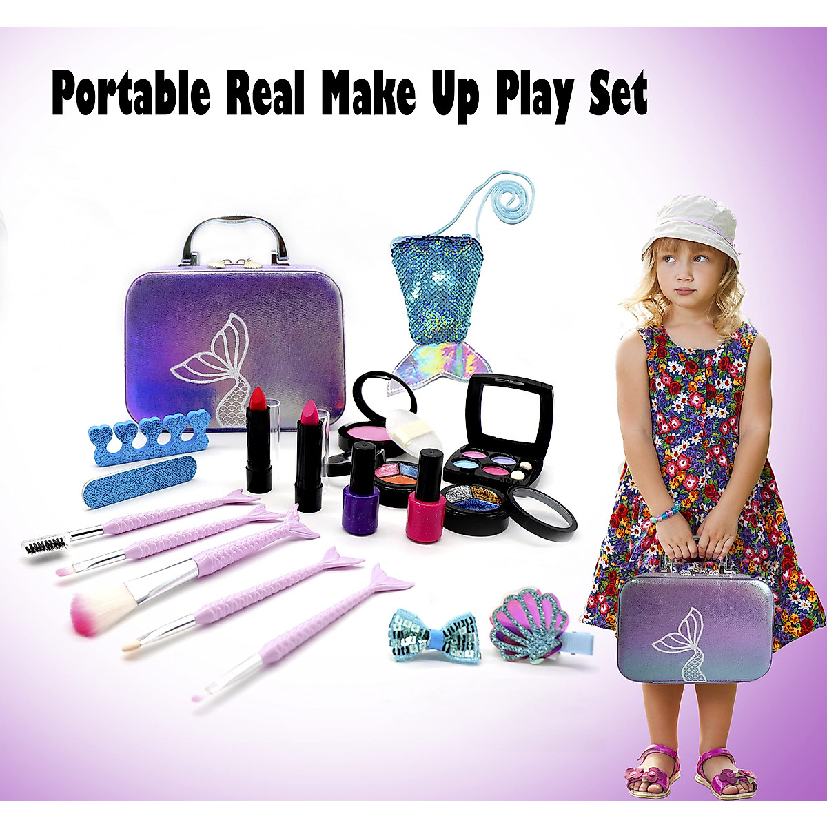 Kids Makeup Set for Girls - Non Toxic Washable Mermaid Makeup, Toys for Girls 5-7, 8-12， Mermaid Toys for Girls, Real Make Up for Little Girl，Party Gifts for Halloween Christmas Birthday