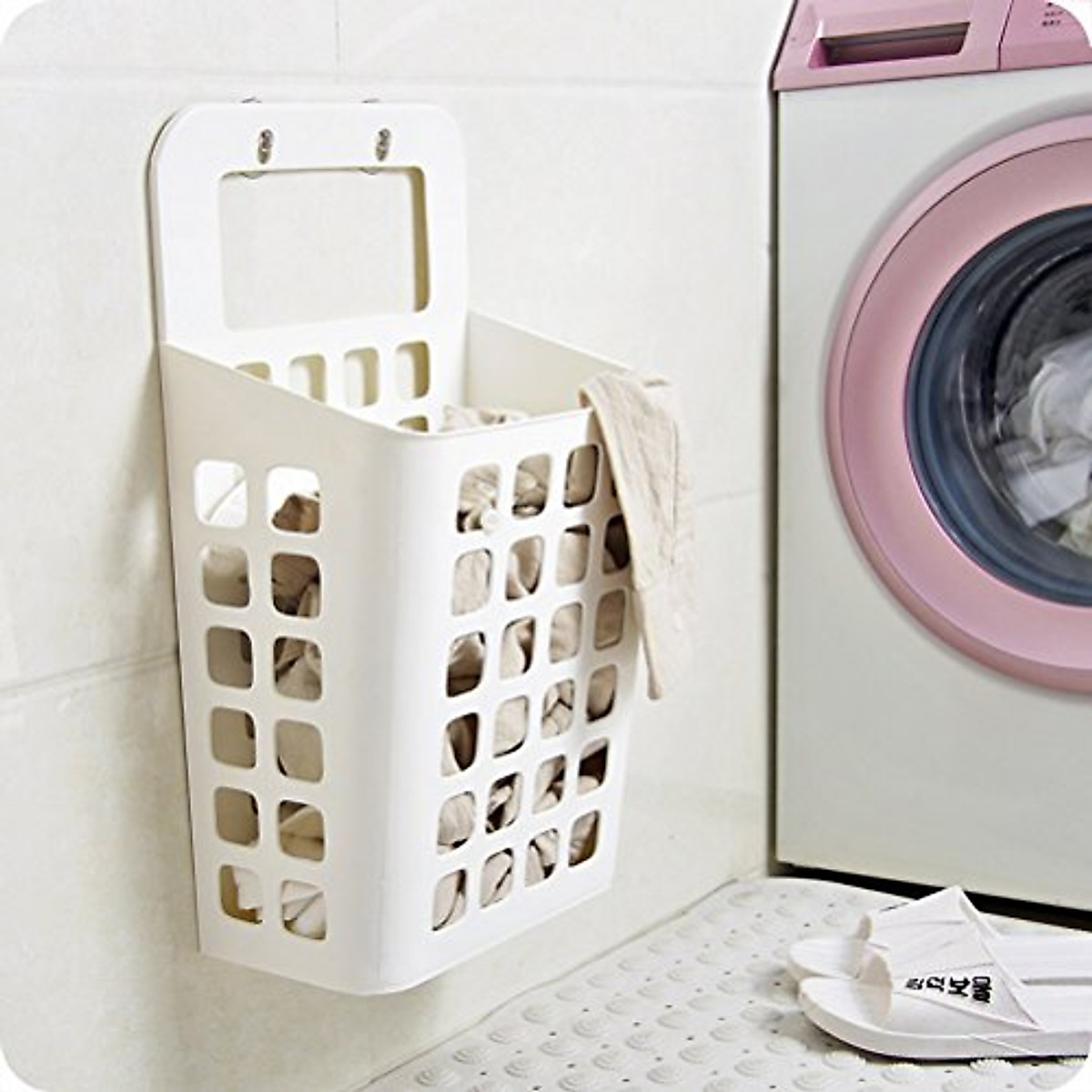 OUNONA Hanging Clothes Organizer Wall Mounted Plastic Storage Basket (White)