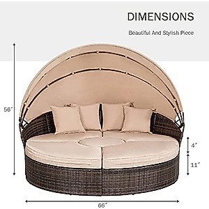 Cemeon Outdoor Round Daybed with Retractable Canopy, Brown Wicker Patio Furniture daybed Sets with Cushions for Patio, Backyard, Poolside