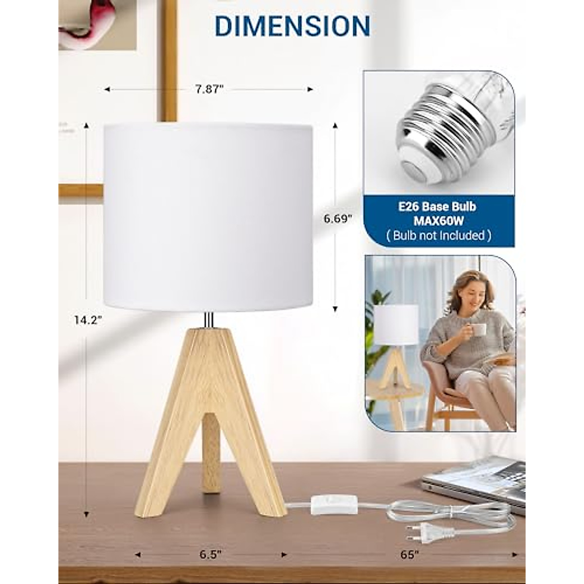 DEWENWILS Mid Century Bedside Lamp, Small Tripod Table Lamp with Linen Fabric Shade, Wood Nightstand Lamp for Nursery, Living Room, Bedroom, End Table, UL Listed, 14.2 Inch, ON/Off Switch