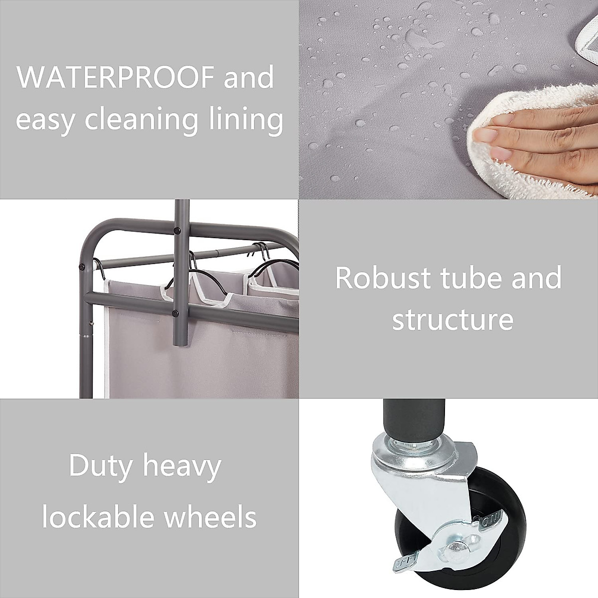 STORAGE MANIAC 136L Laundry Sorter with Hanging Bar, Portable, Removable Laundry Hamper Cart with Heavy Duty Rolling Lockable Wheels and Removable Bags, Rolling Laundry Basket Organizer, 3 Section