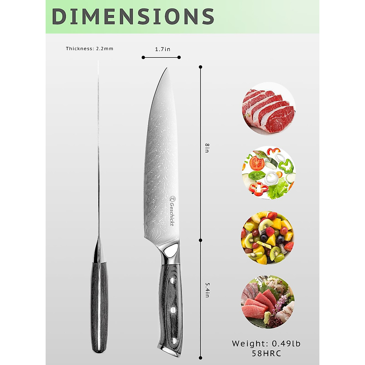 Geschickt Chef knife, Kitchen Knife 8'' with Improved Thicker Handle for Comfort & Balance, Razor Sharp Forged Full Tang Knife, High Carbon Stainless Steel, Ergonomic Design, Grey