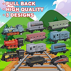 ArtCreativity Mini Locomotive Train Playset for Kids, Set of 3, Each Set with 1 Locomotive and 3 Carts, Diecast Train Toy for Boys and Girls with Pullback Motion, Great Birthday Gift