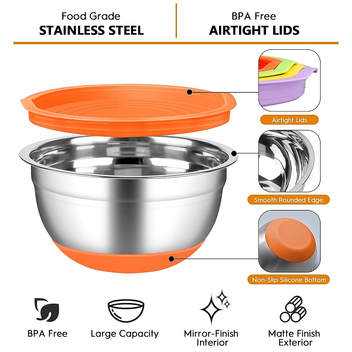 CHAREADA Mixing Bowls with Airtight Lids, 18pcs Stainless Steel Nesting Colorful Mixing Bowls Set Non-slip Silicone Bottom, Size 7, 5.5, 4, 3.5, 2.5, 2, 1.5 qt, Fit for Mixing & Serving