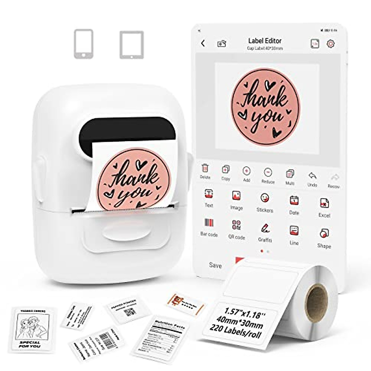 MARKLIFE Label Maker Machine with Tape Barcode Label Printer - Mini Portable Bluetooth Thermal Labeler for Address Clothing Jewelry Retail Barcode Compatible Phones &PC
