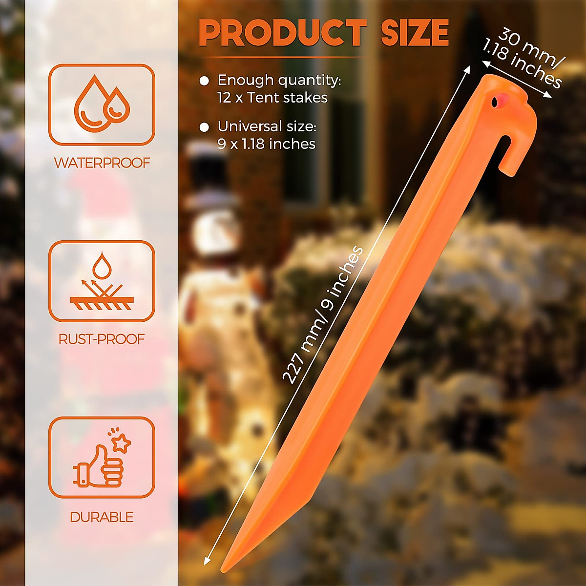 9 Inch Plastic Inflatable Stakes Tent Stakes Replacement Yard Inflatable Accessories for Inflatables Camping Tent Stakes Tent Pegs for Valentine's Day Garden Home Decorations(Orange, 12 Pieces)