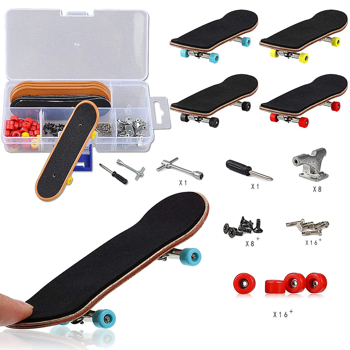 YICHUMY DIY Fingerboard Kit with Box 5 Packs Mini Fingerboards Professional Mini Skateboard Finger Skateboard with Mini Wrench/Screwsdriver/Brackets/Screws/Fingerboard Wheels Wheels