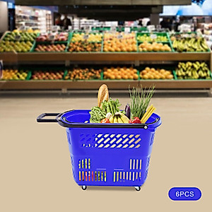 6PCS Shopping Carts, 35L w/Wheels and Handle, Shopping Basket Plastic Rolling Shopping Basket for Carrying and Storing Clothing Groceries (Blue)