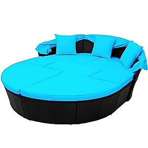Outdoor Rattan Lounge Chair with Retractable Rattan Furniture, Round Outdoor Sectional Sofa Set, Black Rattan Furniture Flip Seat with Washable Cushions, Backyard, Porch