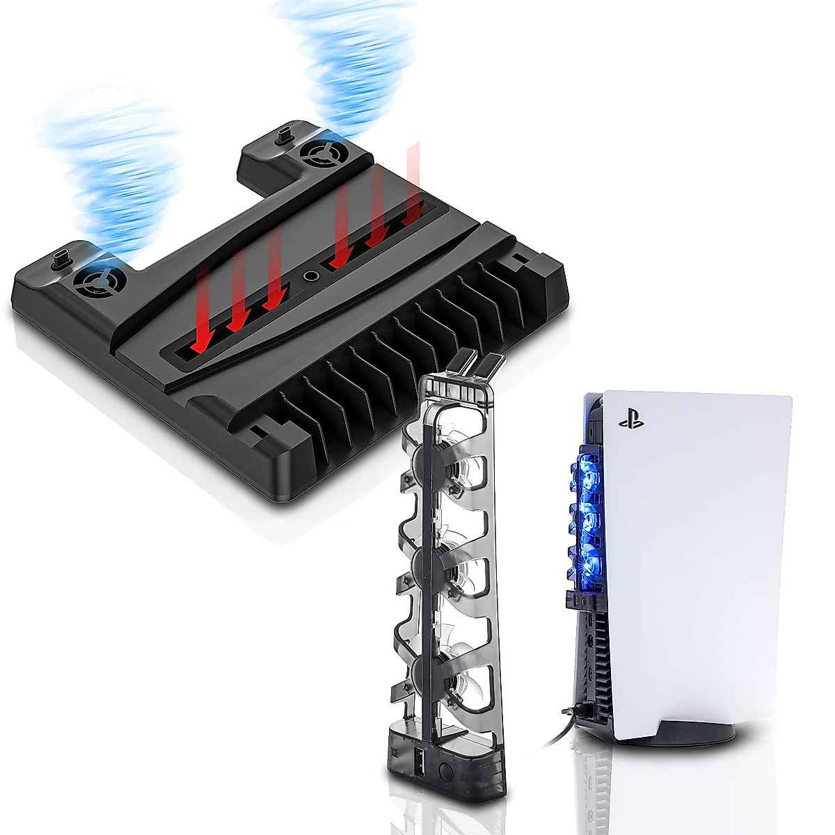 PS5 Accessories, PS5 Cooling Fans and PS5 Cooling Station with Controller Charger and Game Rack