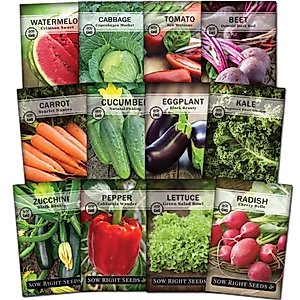 Sow Right Seeds - Classic Vegetable Garden Seed Collection for Planting - Non-GMO Heirloom Beets, Cabbage, Carrot, Cucumber, Eggplant, Kale, Lettuce, Tomato, Peppers, Radish, Watermelon, and Zucchini