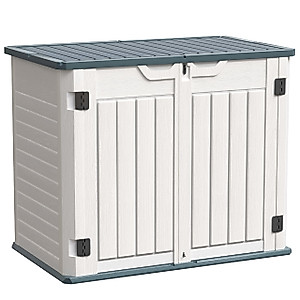 UDPATIO Outdoor Storage Cabinet 35 Cu Ft, Resin Horizontal Outdoor Trash Can Storage Box Lockable Shed 4 x 2 ft for Garbage, Garden Tools, Lawn Mowers, Light Gray