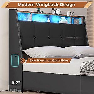 MSmask Queen Bed Frame with 4 Storage Drawers, Charging Station and LED Lights, Upholstered Bed Frame with Button Tufted Wingback Headboard, LED Bed Frame Queen Size, No Box Spring Needed, Black