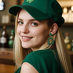 BriLove St.Patrick's Day Earrings Art Deco Sparkly Rhinestone Marquise Rectangle Flower Statement Dangle Earrings for Women Emerald Color Gold-Tone