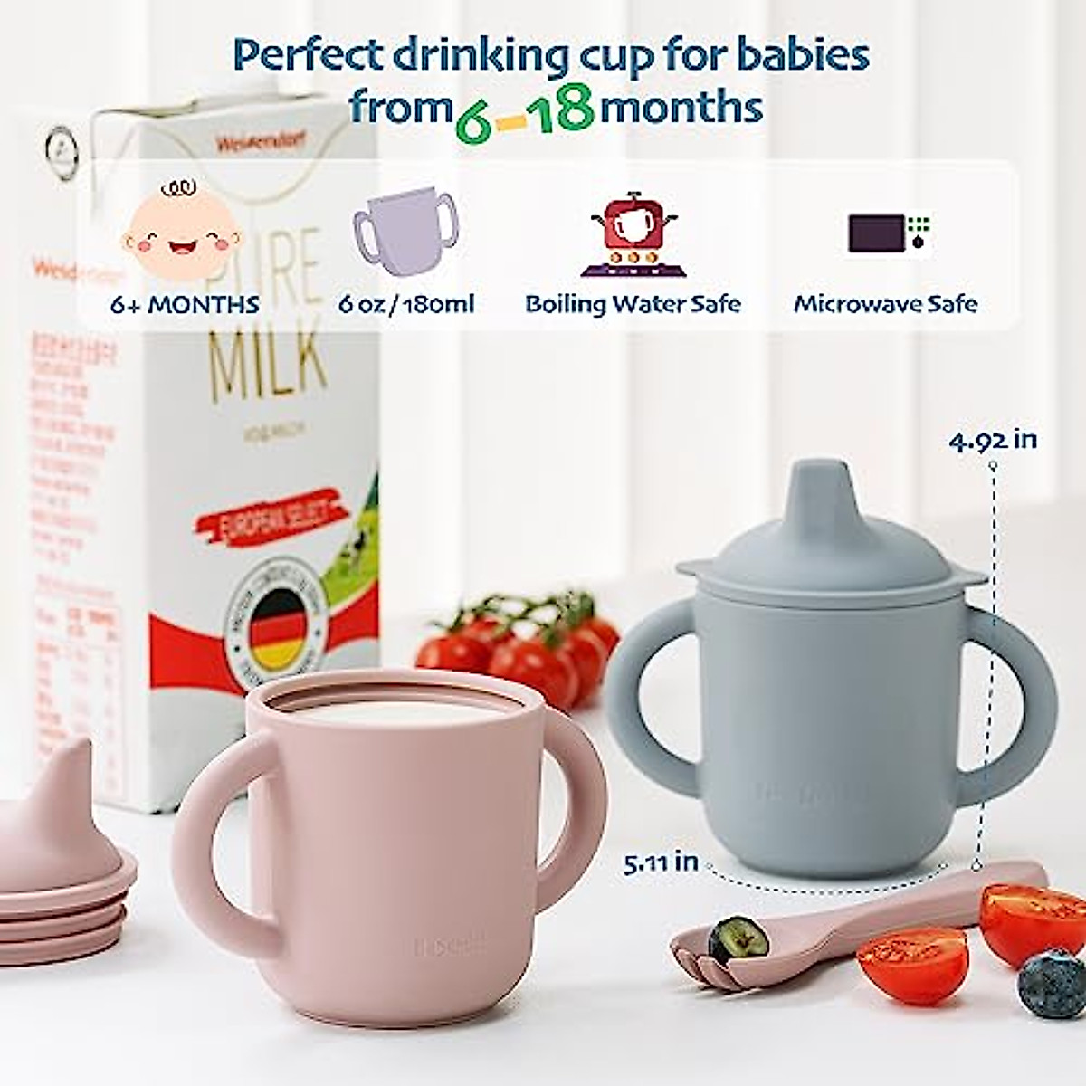 Leeleelon Silicone Sippy Cups for Baby, 100% Leak-Proof Training Cup for Toddler with Handles, Soft Spout Sippy Cup for Infants, 6+ Months, 6oz/180ml (Pack of 2)