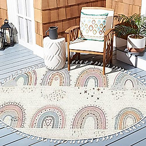 DNEWYNPABV Round Boho Rug Scandinavian Cartoon Rainbows with Clouds Flowers and Stars in Pastel Area Linen Carpet Patio Hallway Runner Mat Pad Minimalist Home Decor for Living Room Outdoor, 3 ft