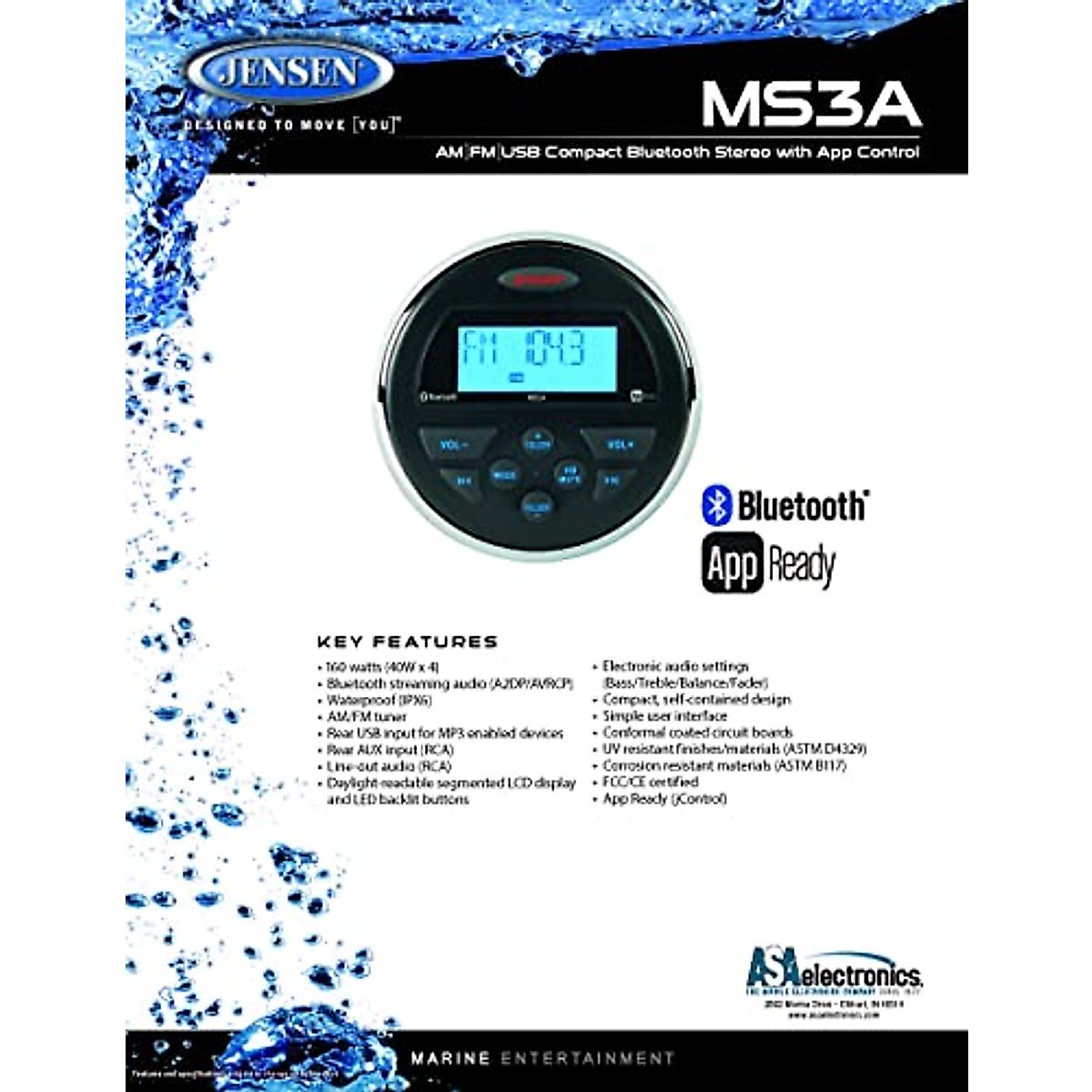Jensen MS3A AM|FM|USB Waterproof Compact Bluetooth Stereo with App Control, 160 watts (40W x 4), Bluetooth Streaming Audio (A2DP/AVRCP), Rear USB for MP3, Rear AUX in (RCA), Line-Out (RCA) (Renewed)