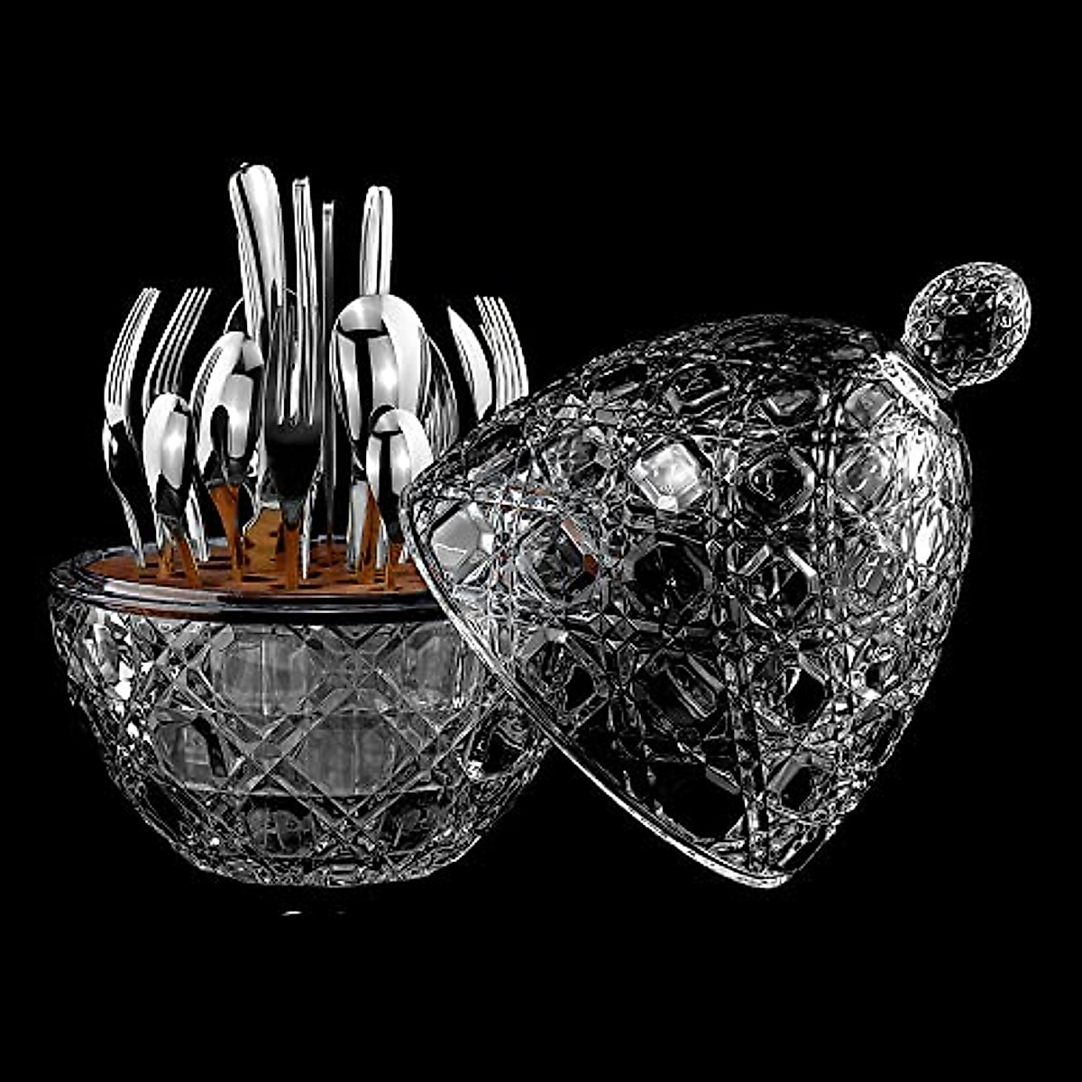 Silverware Set Gold Flatware 24-Piece for 6 Food-Grade Stainless Steel Tableware Cutlery Set Mirror Finished Utensil Sets for Home Restaurant Crystal Egg-Shaped Organizer Storage