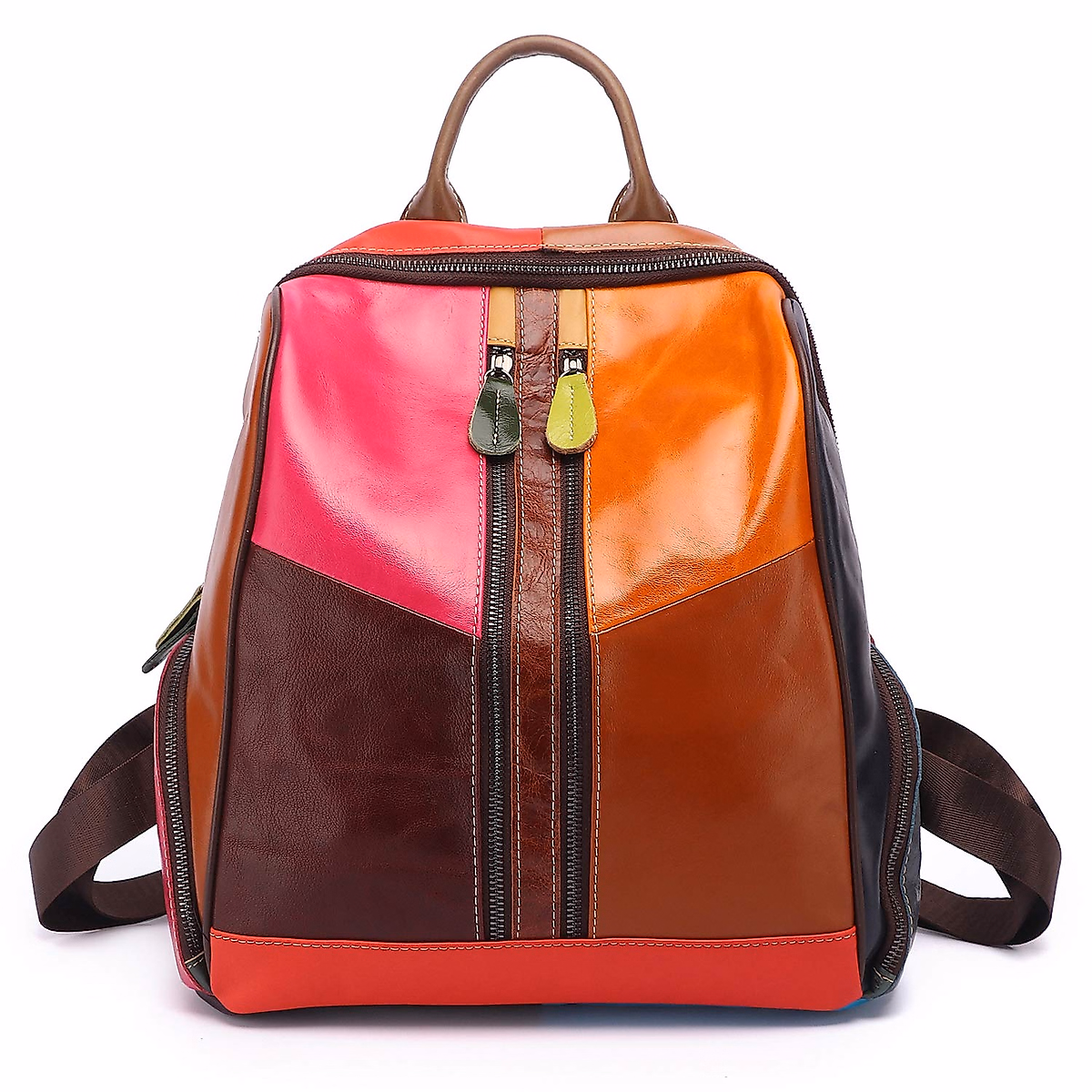 New Women’s Multicolor Backpack Genuine Leather Colorful Patchwork Shoulder Bags (Multicoloured-M)