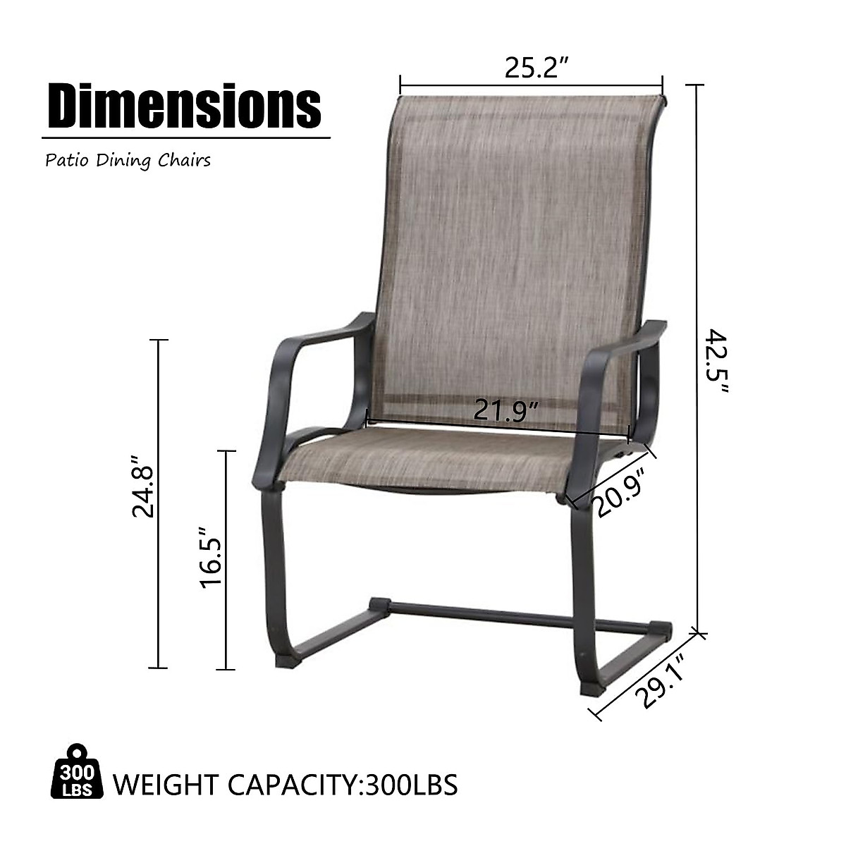 PatioFestival Patio Dining Chairs High Back Patio Chairs C-Spring Motion Chairs,Textilene Fabric & Black Metal Frame,2 Pieces Outdoor Furniture for Yard, Garden, Backyard, Deck, Bistro（Grey）