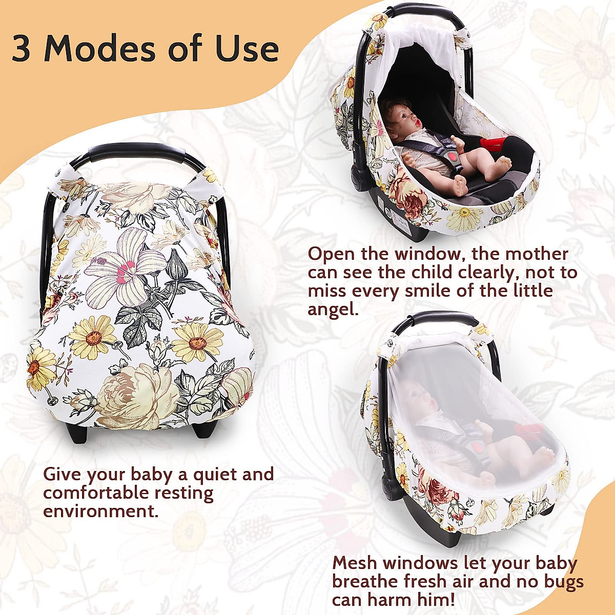 Floral Baby Car Seat Cover for Girl,Infant Carseat Canopy Sun Cover，Baby Carrier Cover with Zipped Peep Windows and Breathable Mesh, Stretchy 3in1Multi-use Stroller Cover