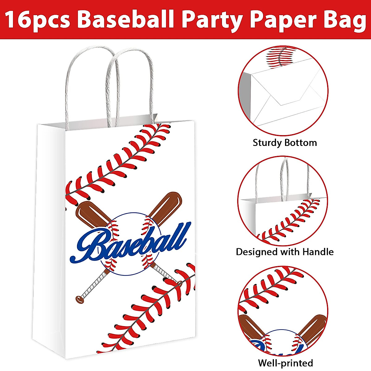 gisgfim 16pcs Baseball Party Gift Treat Bag Baseball Theme Party Candy Goodie Favor Bags with Handle for Baseball Birthday Party Baby Shower Decoration Supplies