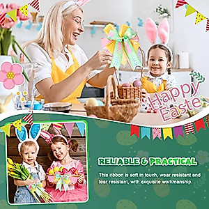 3 Rolls 30 Yards Easter Bunny Wired Edge Ribbons 2.5 Inch Decorative Wired Ribbons Easter Pastel Spring Fabric Ribbon Colorful Party Decorations for DIY Craft Wreath Gift, Pink, Yellow, Green