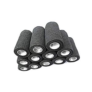 WildCow 4" Black Vet Wrap Tape Bulk, 12 Pack Cohesive Bandage Wrap, Self Adherent Grip Rolls