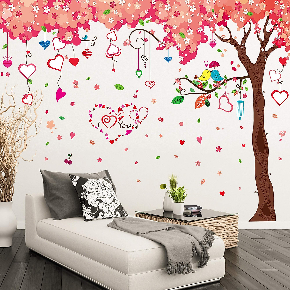 Giant Huge Pink Cherry Tree Wall Decals Cute Cartoon Removable Large Tree Lovely Heart Shape Wall Sticker Peel Stick for Kids Girls Bedroom Livingroom TV Background