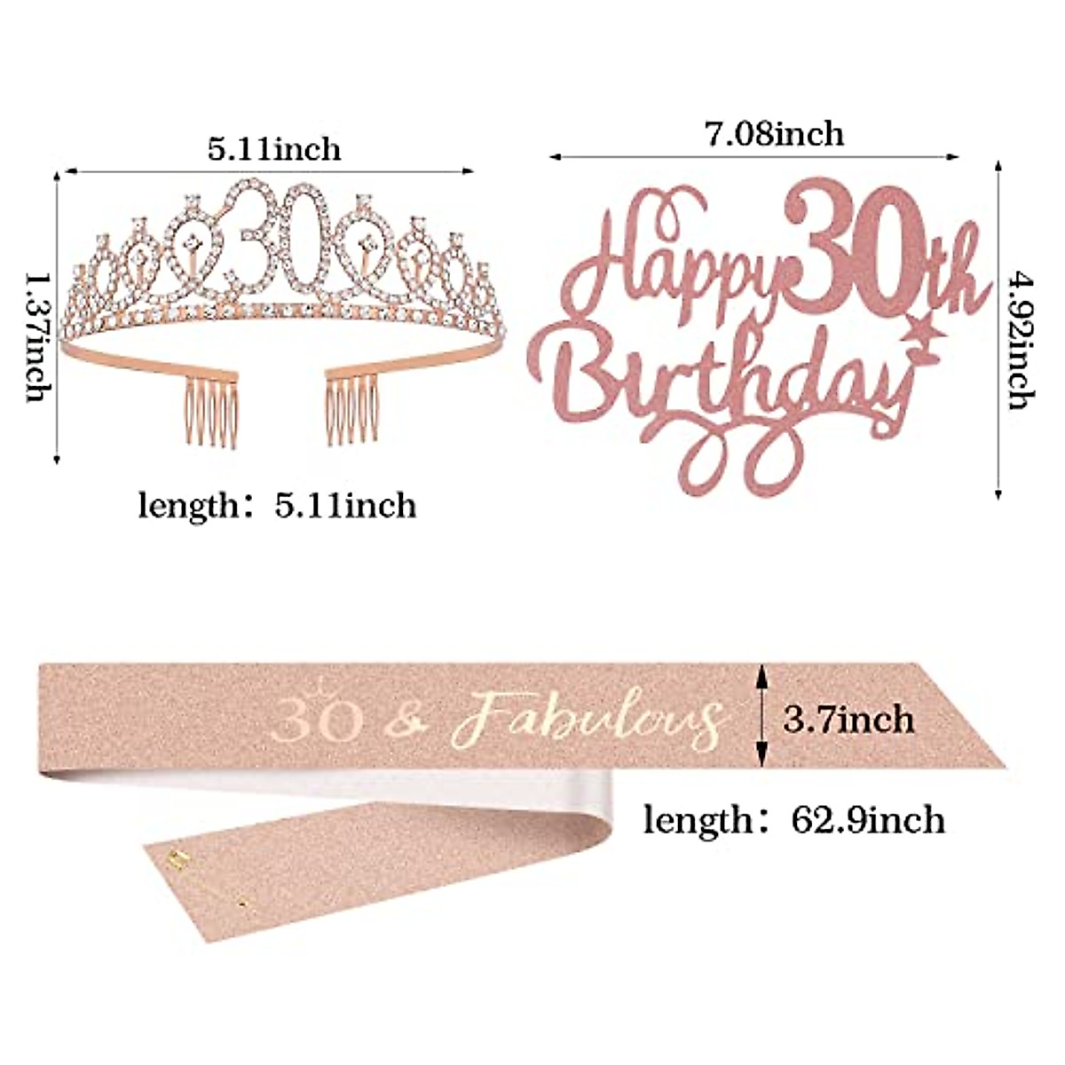 DASIGJID 30th Birthday Crown & Sash for Women, Rose Gold Birthday Sash and Tiara for Women Girls, Princess Queen Crowns Headbands for Hair Accessories Decor, Happy Birthday Party Decorations Gifts