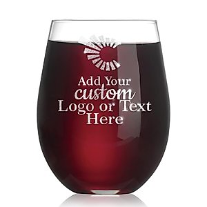 Custom 15oz Stemless Wine Glass with Your Custom Logo Design or Personalized Text - Permanent Laser Engraving - Wedding Favors, Corporate Gifts, Birthdays, Parties or Events