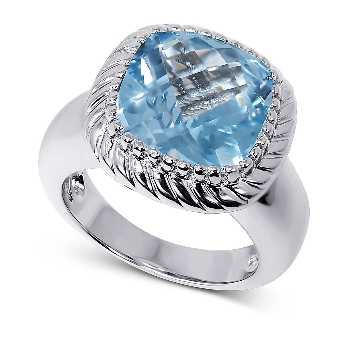 KOKAV 925 Sterling Silver Genuine Blue Topaz Checkerboard Cut 12mm Cocktail Ring. Size 7